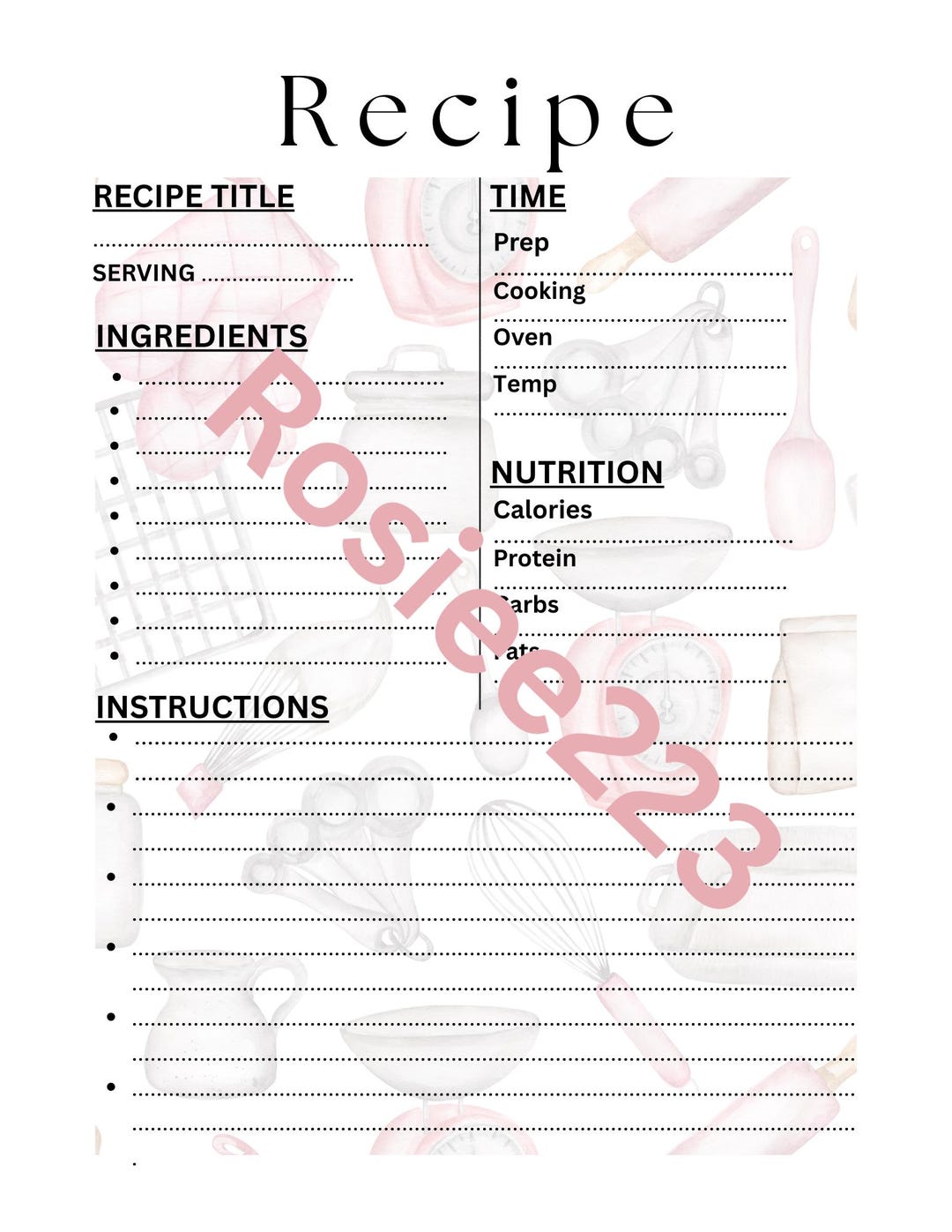 Printable Recipe Sheet Template – Minimal Pink Kitchen Design - PDF ...