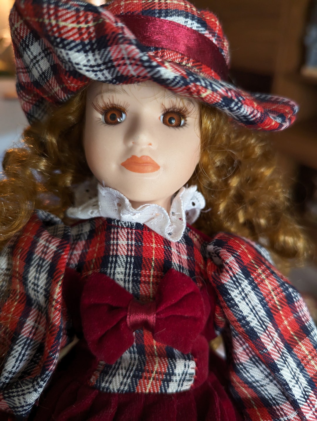 Small Vintage Porcelain Doll in Plaid - Etsy