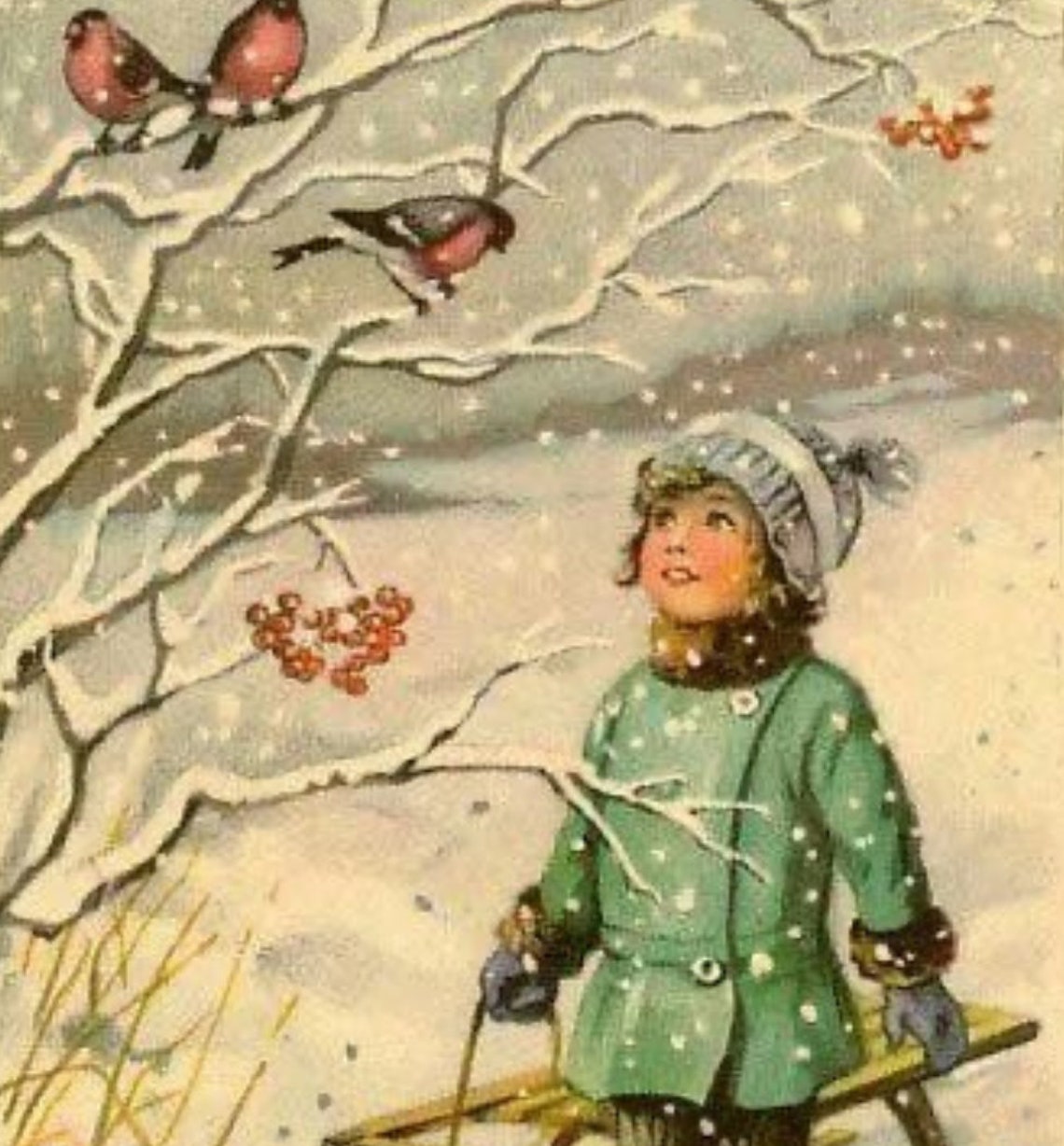 Vintage Child Snow Sled Image With Birds in Tree Printable Graphic - Etsy