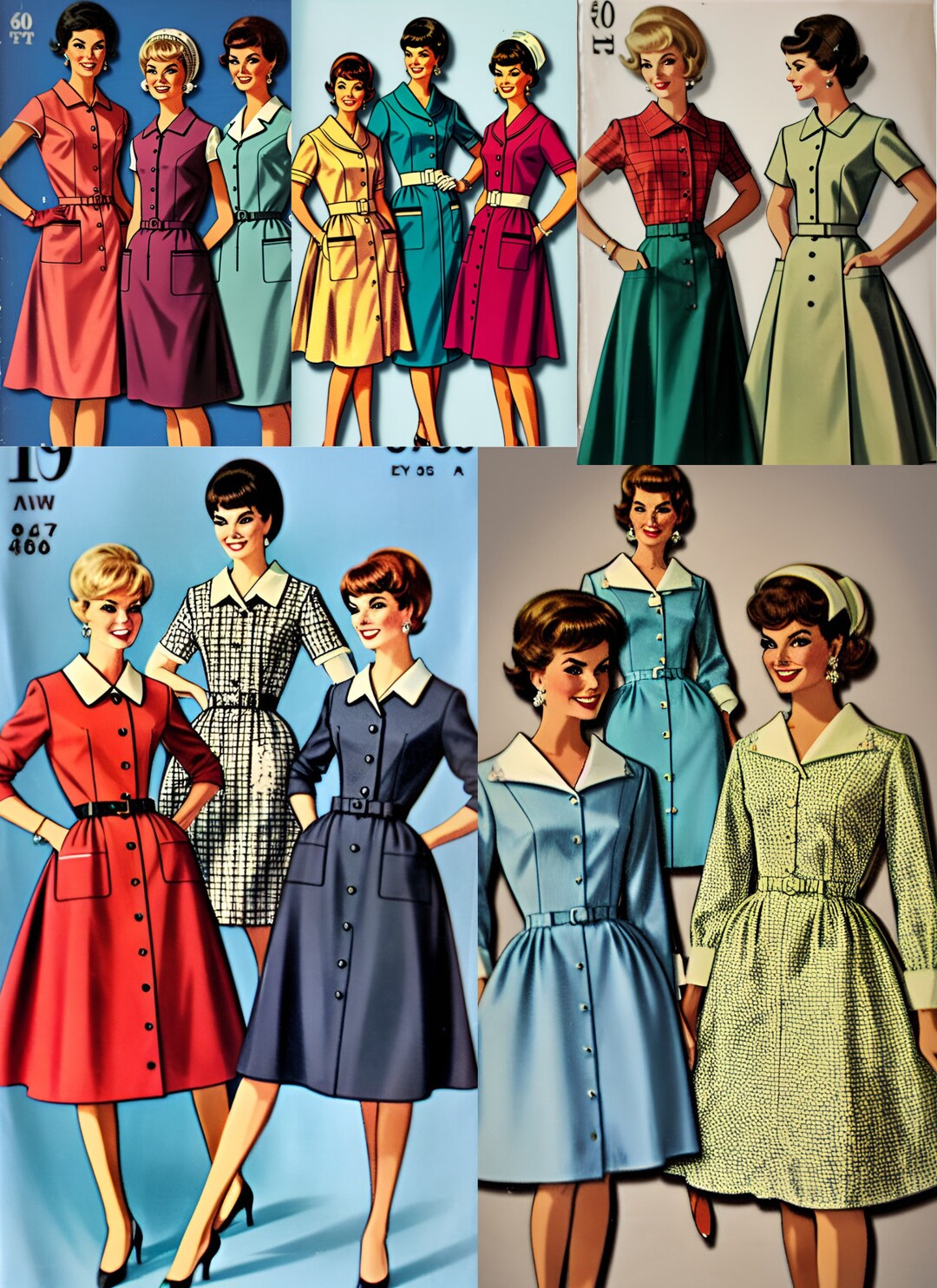 Vintage Lady's Dress Frock Sewing Pattern Drawing Collage Printable ...