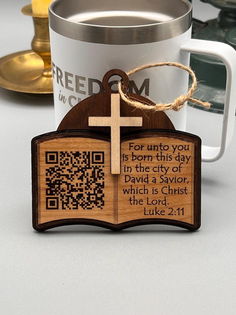 Bible Christmas Ornament With QR Code | Luke 2:11 Wood Cross Ornament ...