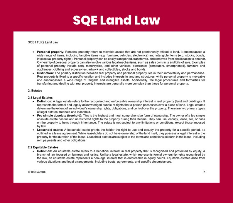 SQE Land Law SQE1 2024 FLK2 SRA Solicitors Qualifying Exam for Intending Solicitors of England ...