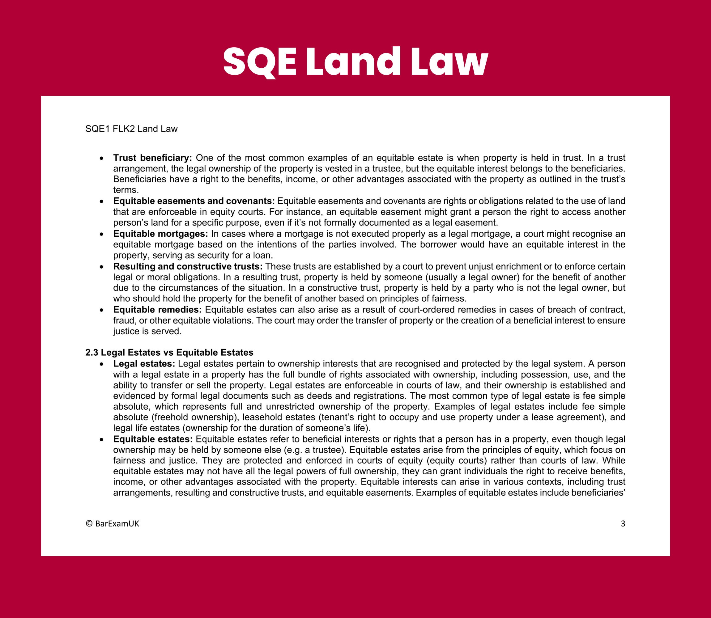 SQE Land Law SQE1 2024 FLK2 SRA Solicitors Qualifying Exam for Intending Solicitors of England ...