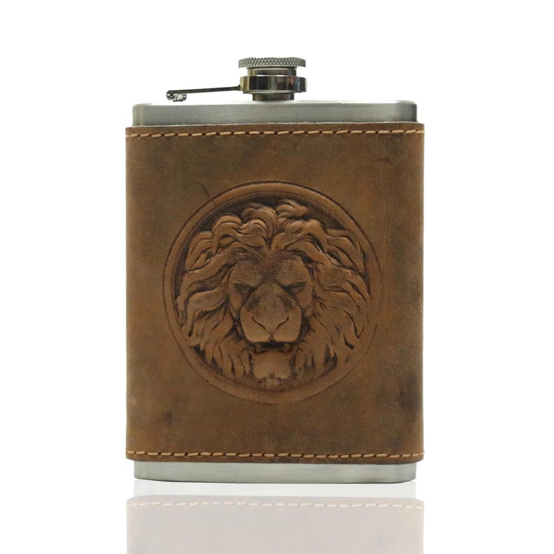 3D Embossed Lion Head Design- Stiched Genuine Distressed Leather Hip ...