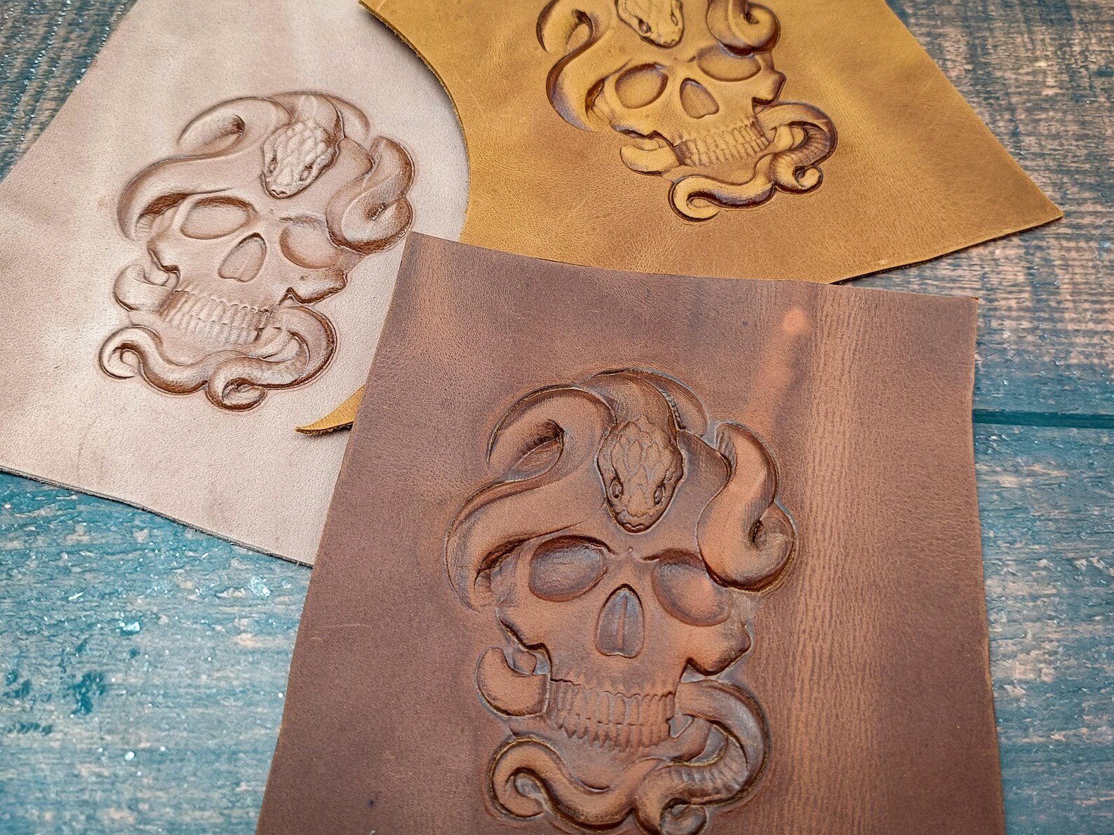 3D Snake Wrapping Human Skull Leather Embossing Mold Brass Tool for ...