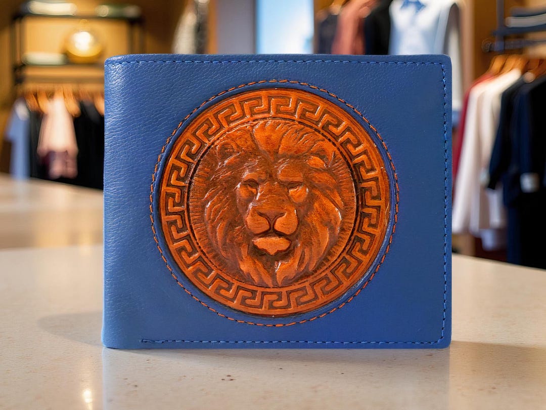 3D Lion Embossed Leather Bifold Wallet: Personalized RFID Blocking Men ...