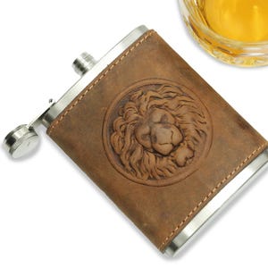 3D Embossed Lion Head Design- Stiched Genuine Distressed Leather Hip ...