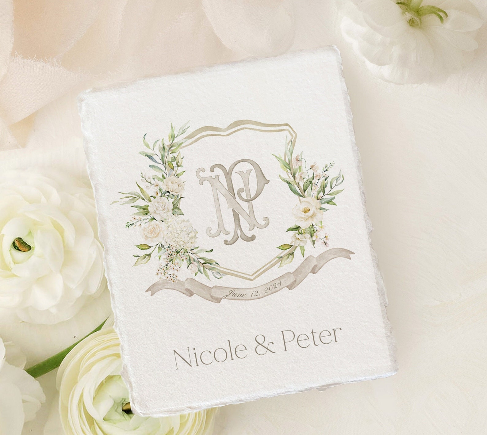 White Floral Crest Wedding Watercolor Crest White Flowers Watercolor ...