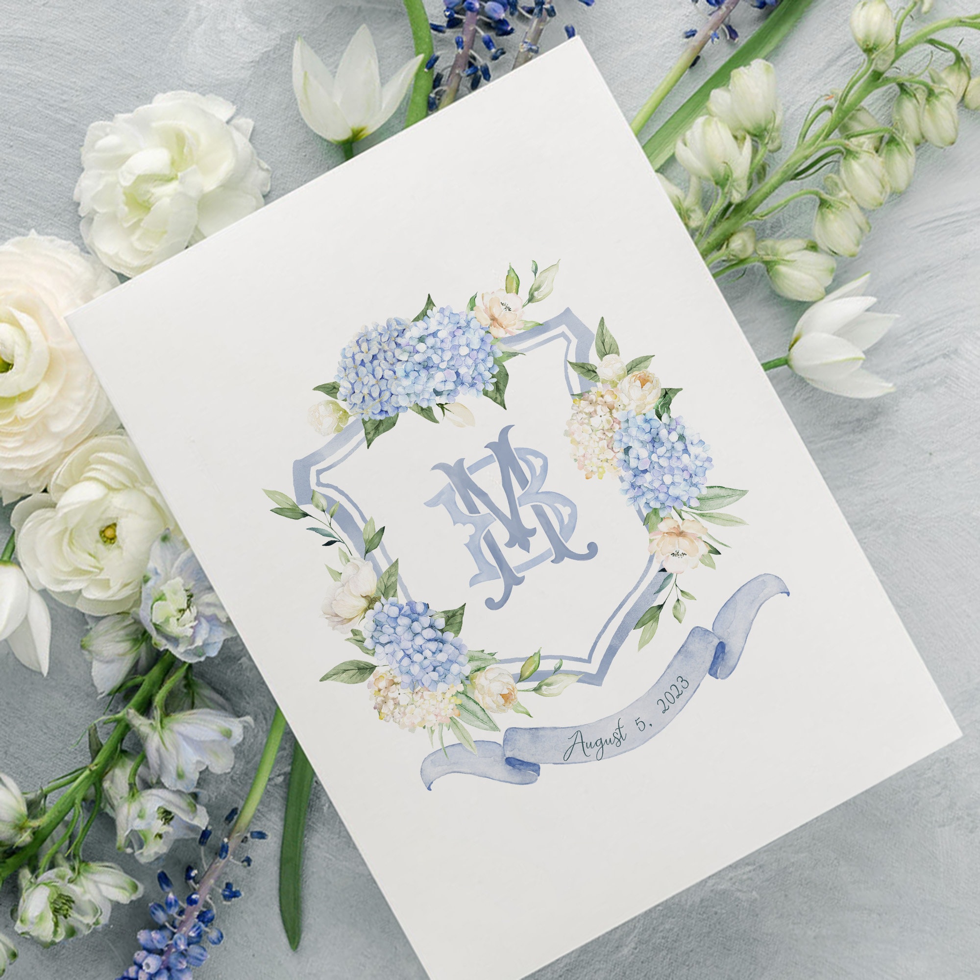 Blue and White Floral Crest Wedding Watercolor Crest White Floral ...