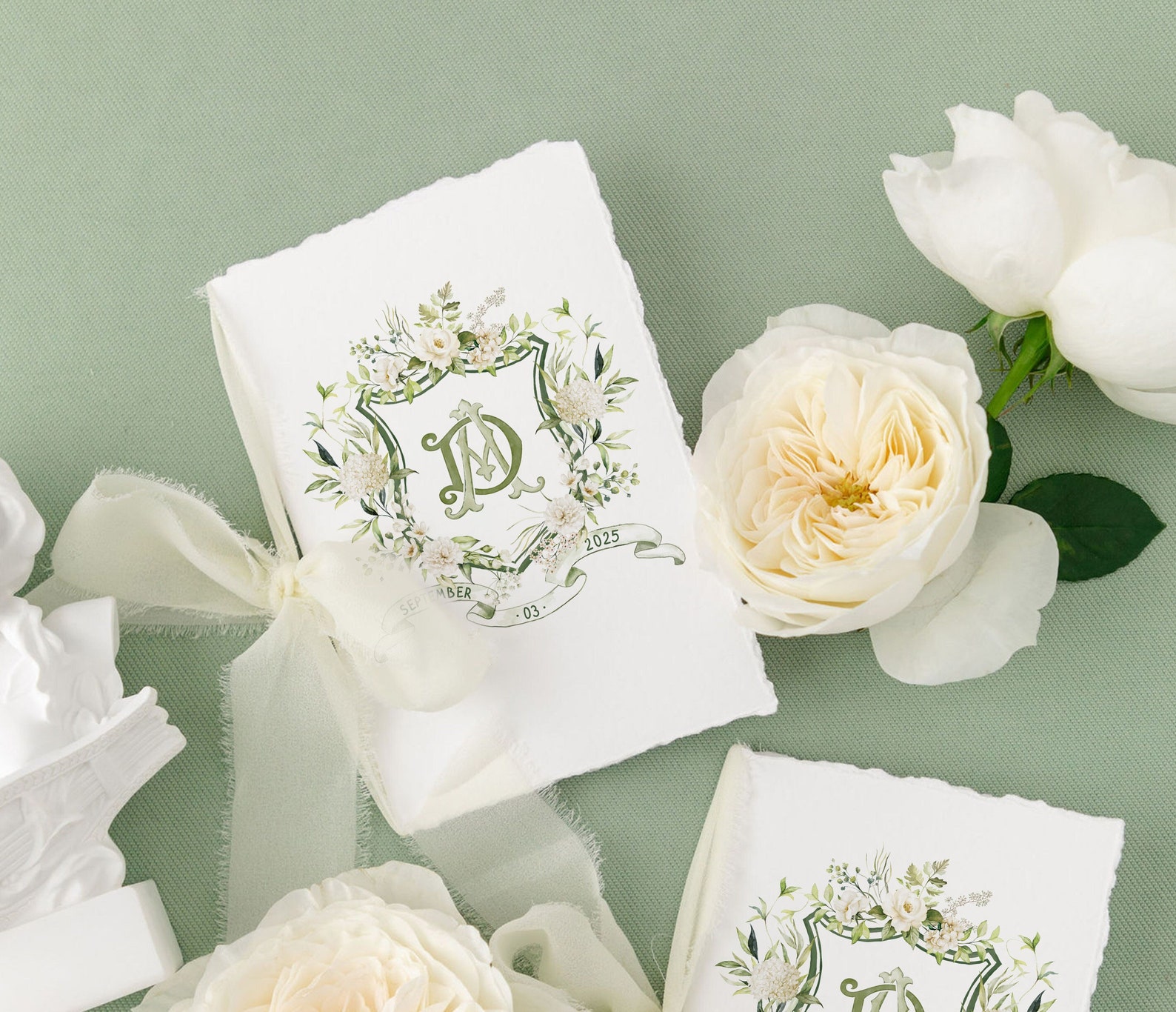 White Florals Crest With Forest Green Shield | Wedding Watercolor Crest ...