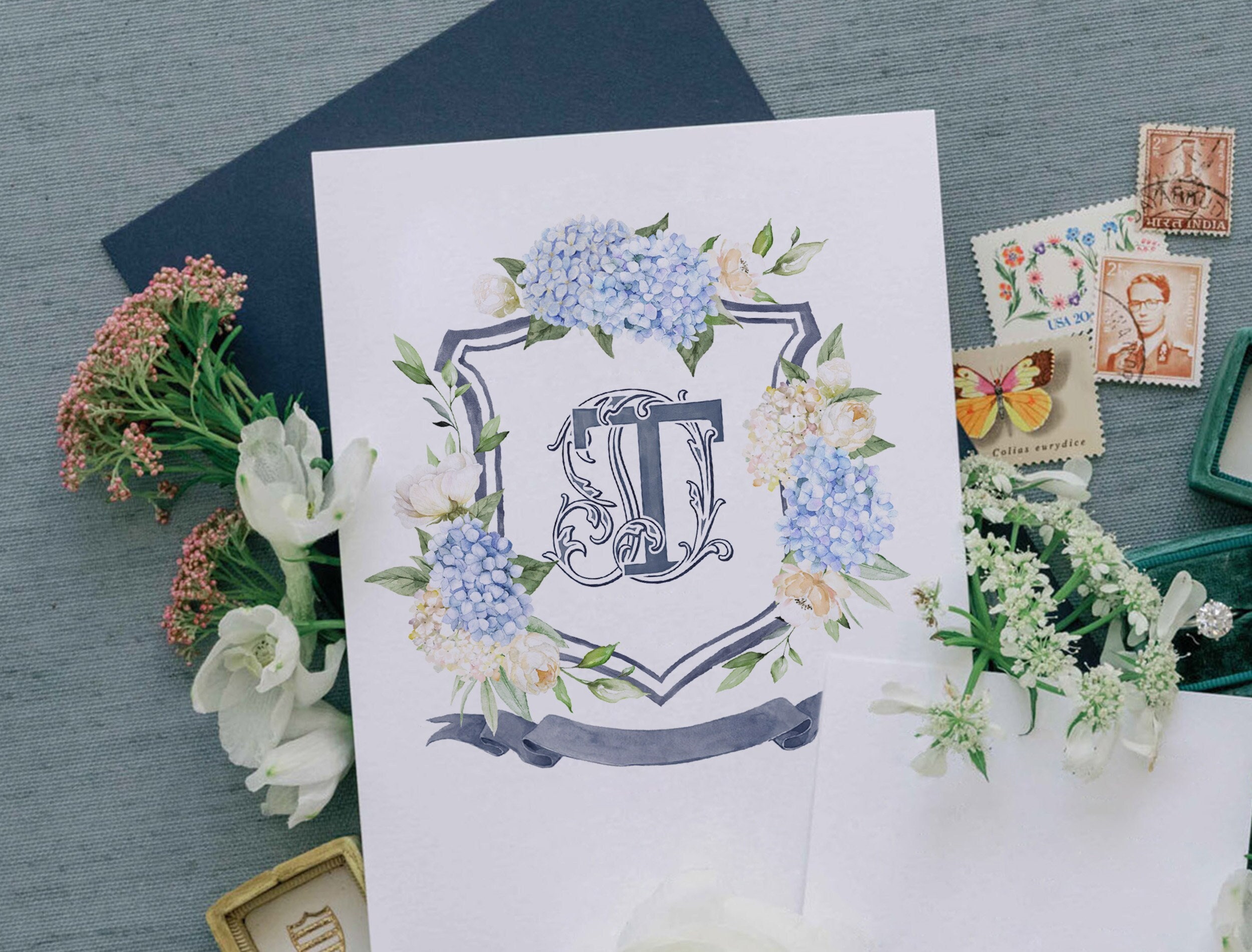 Blue Hydrangea Floral Crest | Wedding Watercolor Crest | White Floral ...