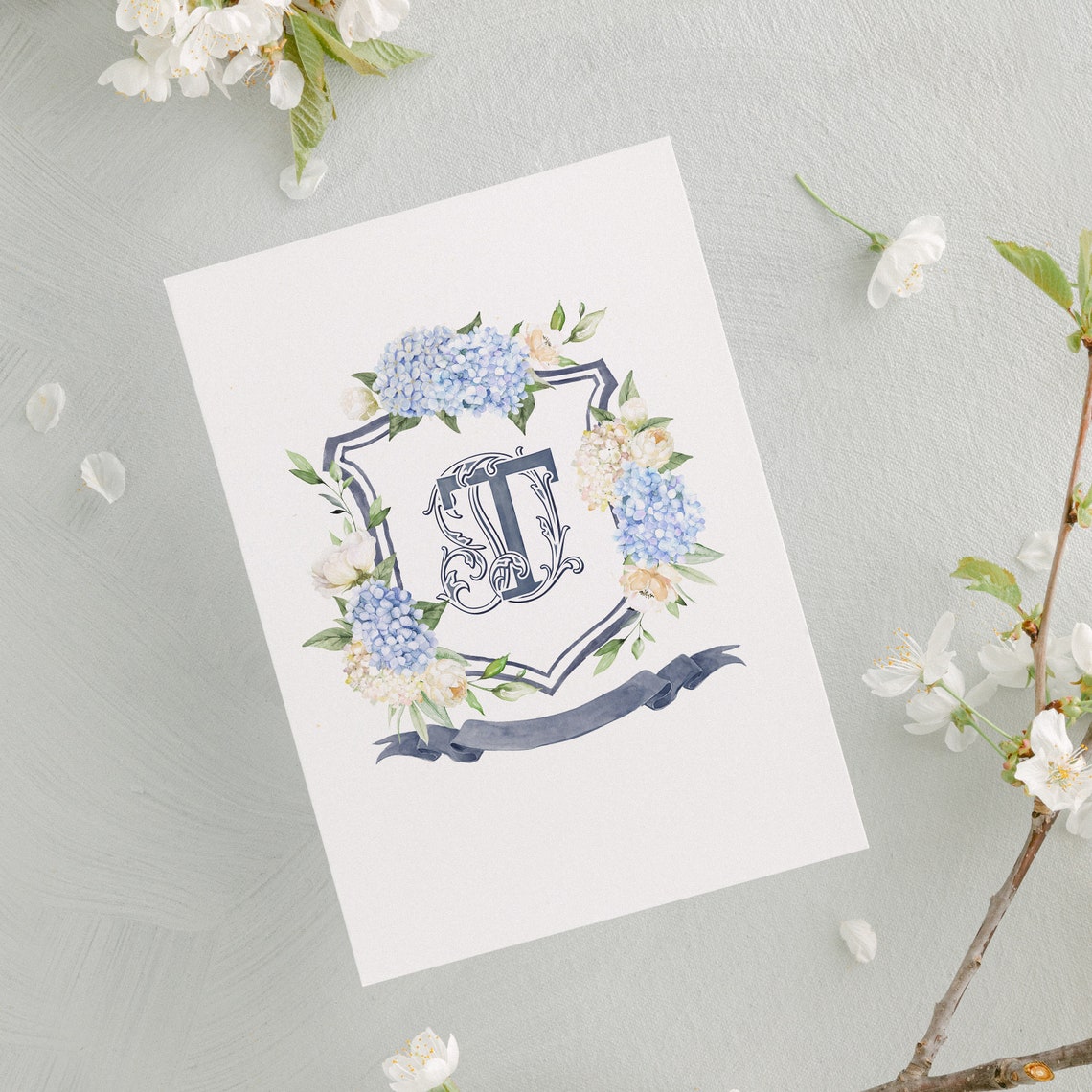 Blue Hydrangea Floral Crest | Wedding Watercolor Crest | White Floral ...