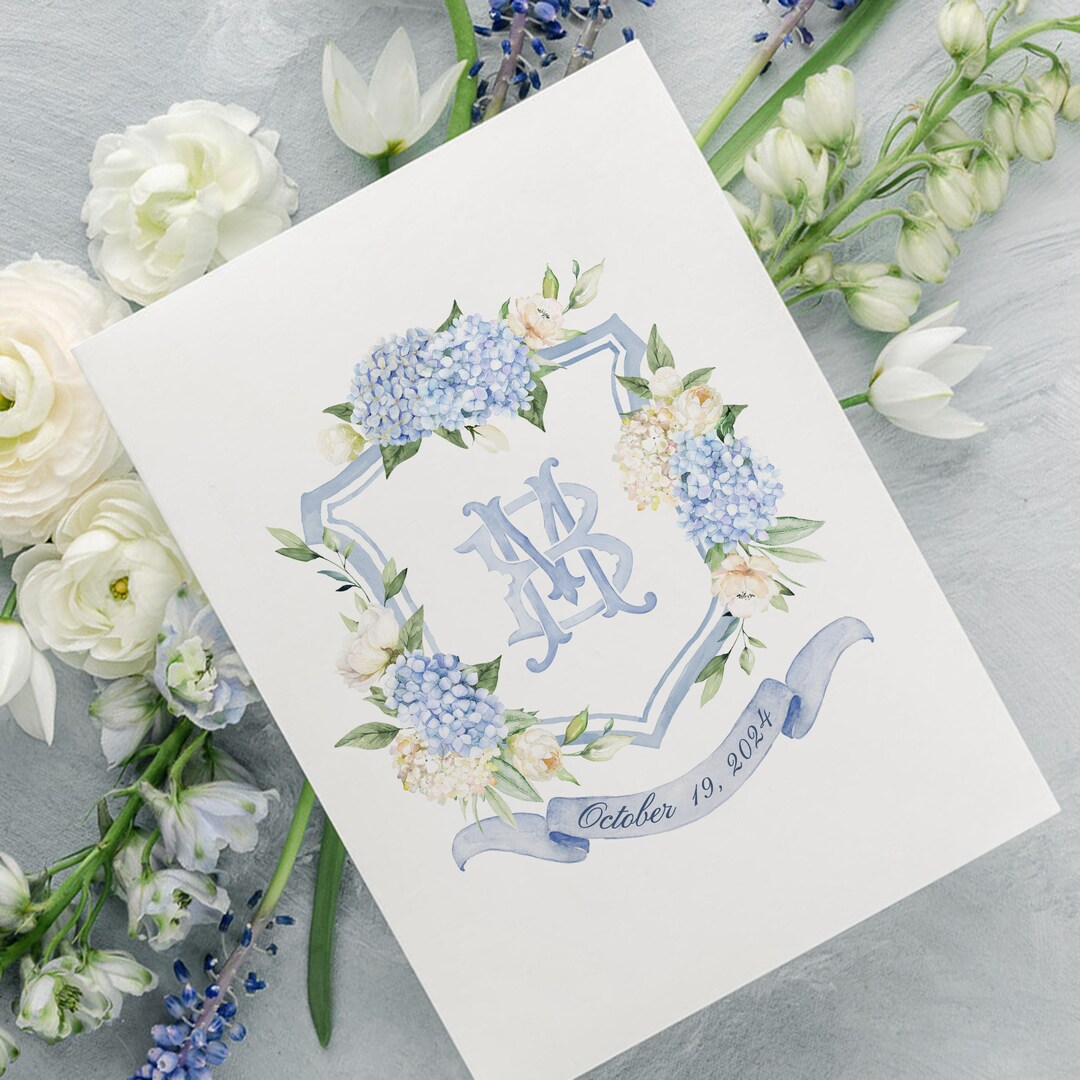 Blue and White Floral Crest | Wedding Watercolor Crest | White Floral ...