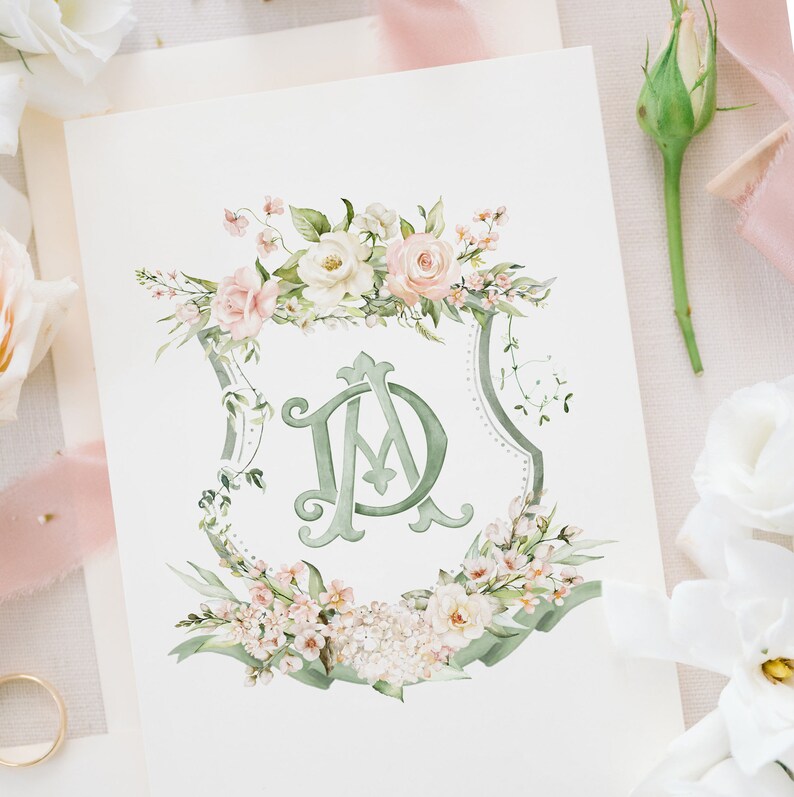 Blush and White Floral Crest | Wedding Watercolor Crest | White Floral ...