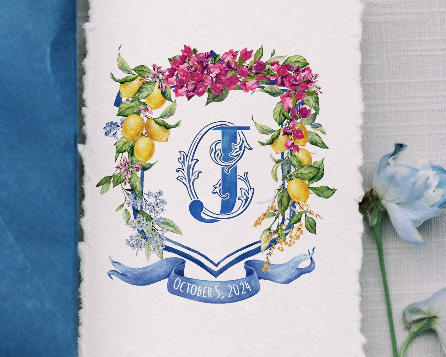 Amalfi Coast Wedding Crest Lemon Floral Watercolor Crest BLUE Lemons ...