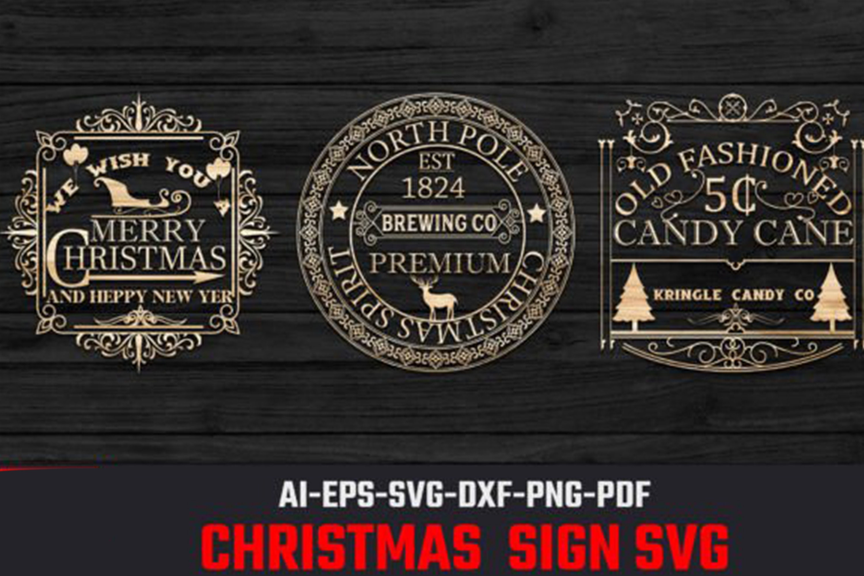 Vintage Christmas Sign Laser Cut Files Bundle SVG File, 6 Vector Design ...