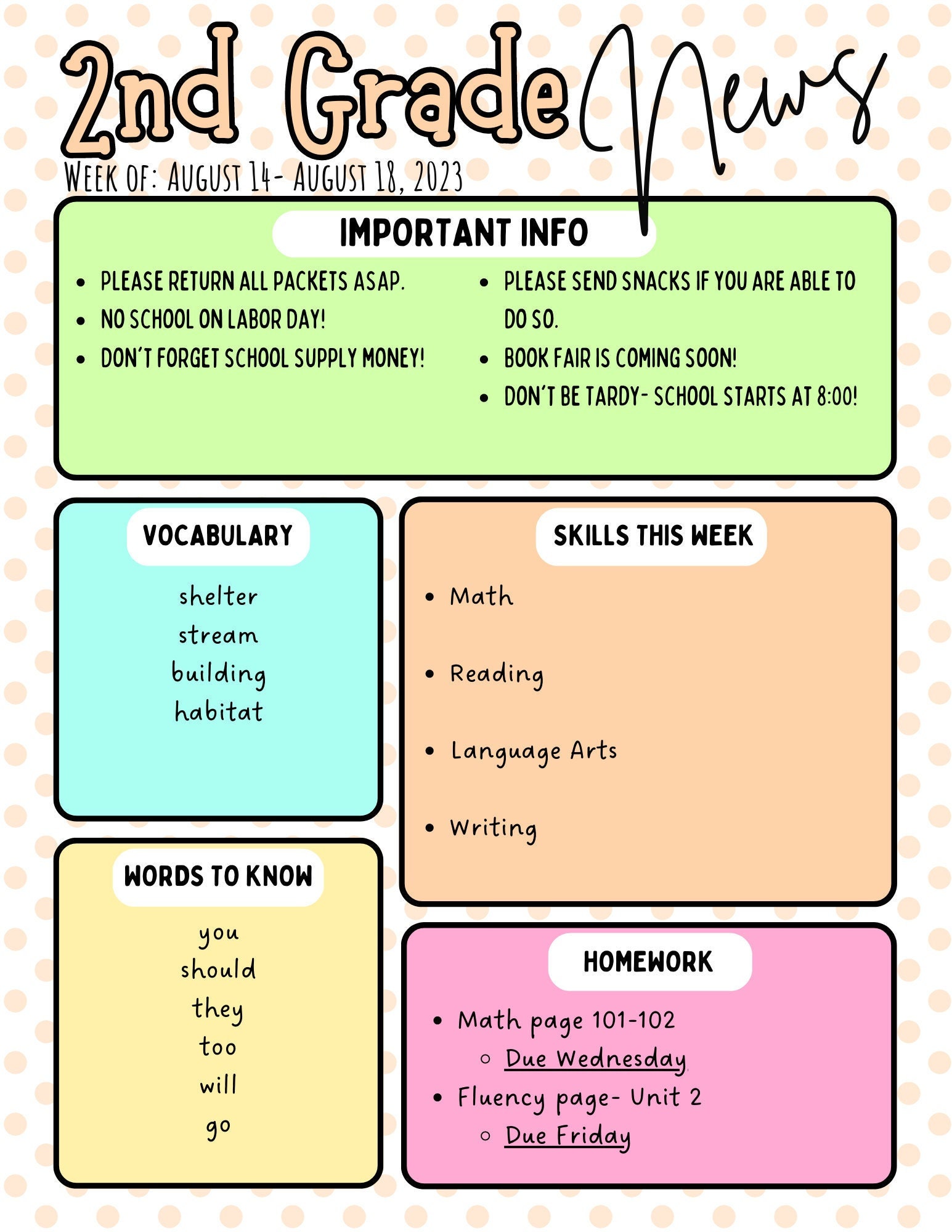 Classroom Newsletter Editable Template, Pastel Bright Dots, Back to ...