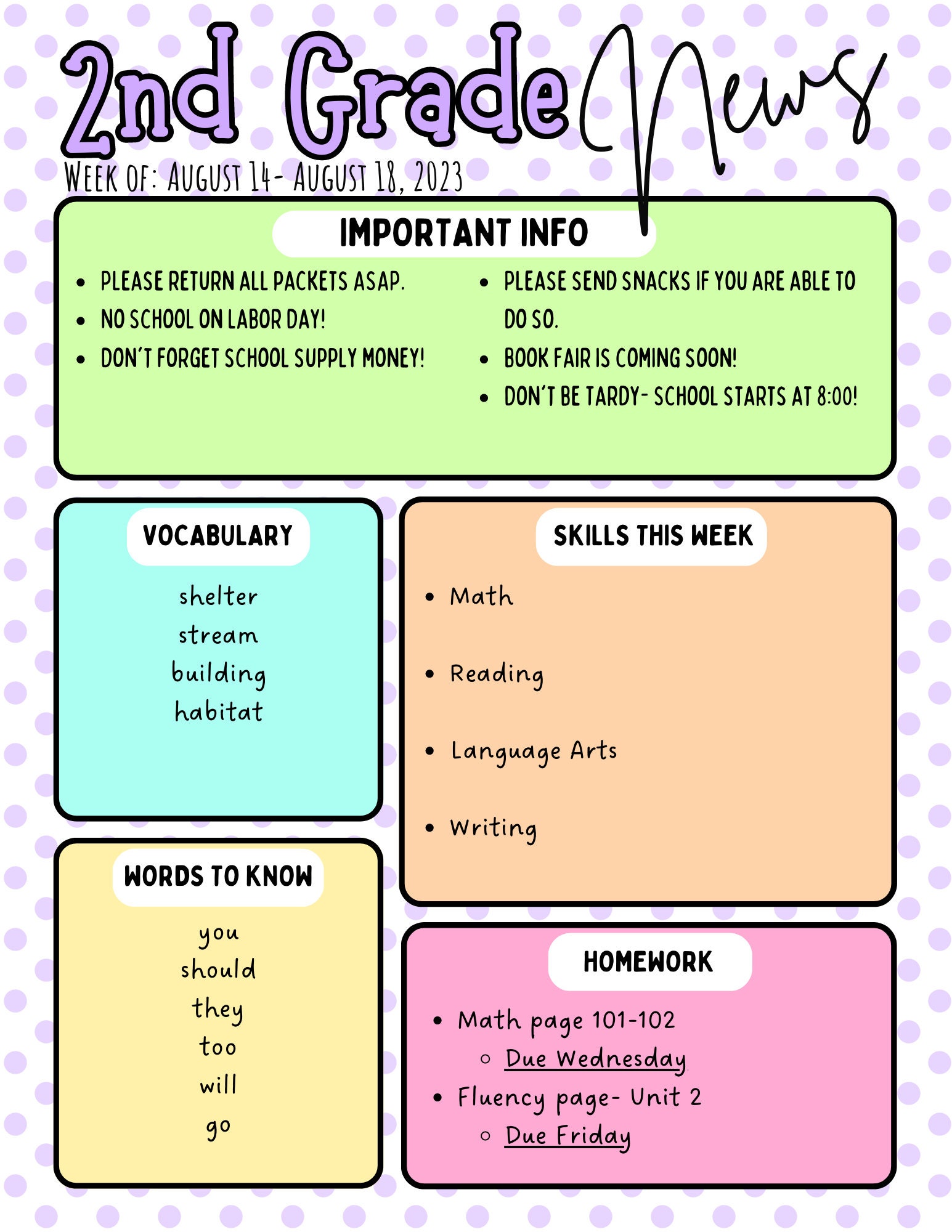 Classroom Newsletter Editable Template, Pastel Bright Dots, Back to ...