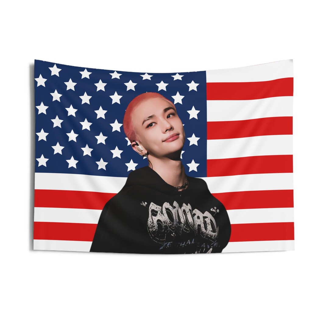 Skz Hyunjin Pink Buzz Cut Hair American Flag, Stray Kids Concert Banner ...