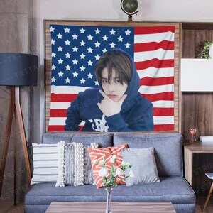 Enhypen Jake Wearing Hoodie Flag Banner, Enhypen Jake American Tapestry ...