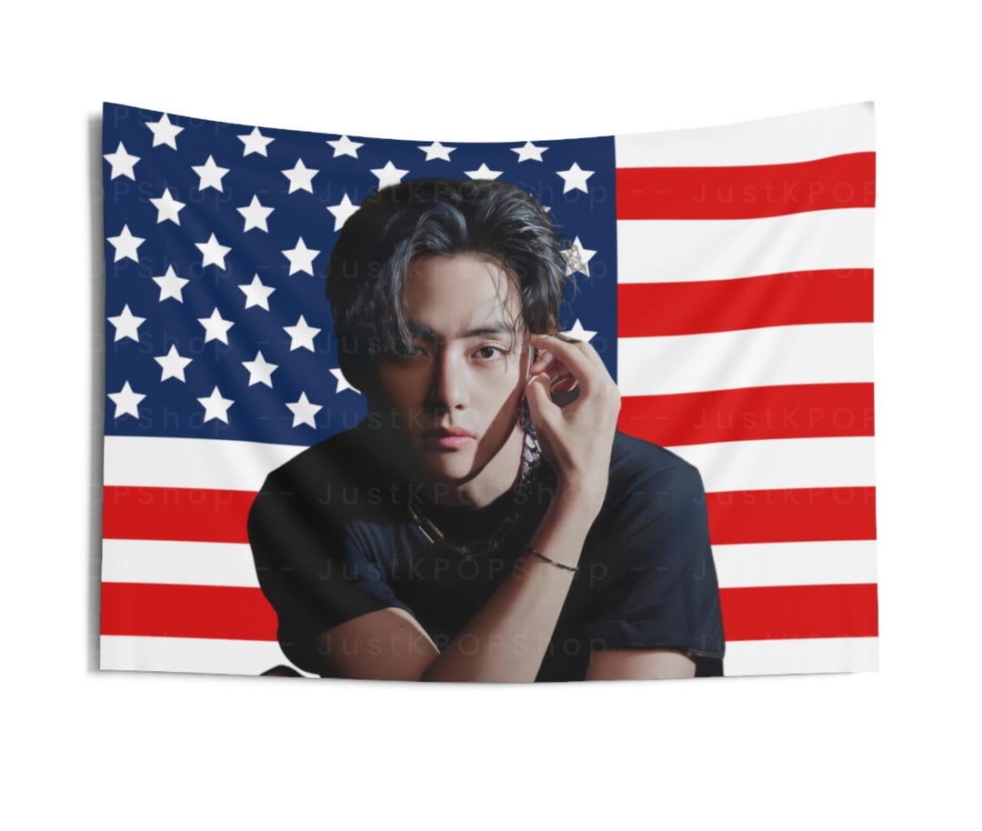 BTS V in Black Shirt American Flag, BTS V American Tapestry, Taehyung ...