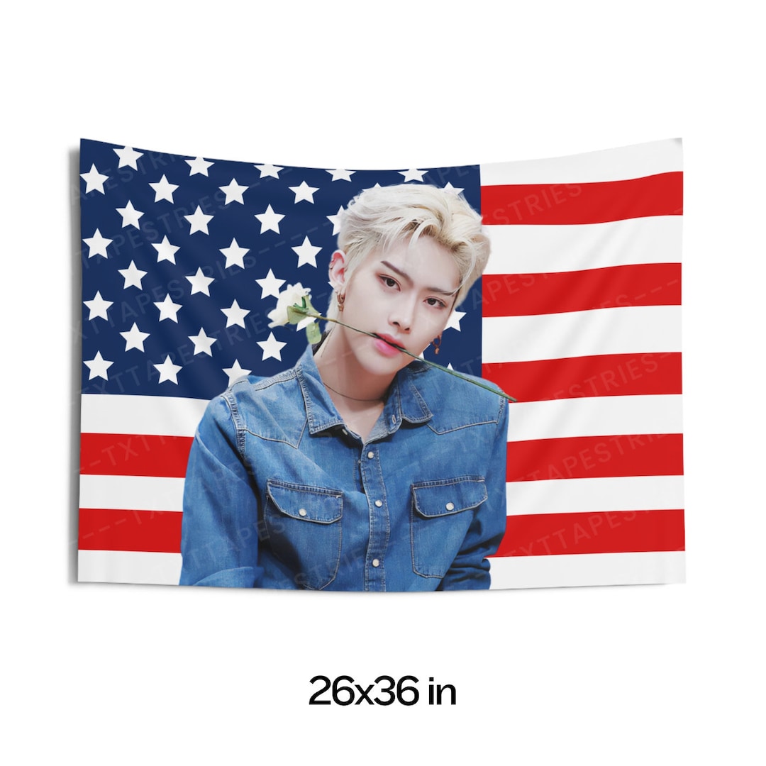 Zerobaseone Ricky in Denim Flag Banner, Ricky American Tapestry, Ricky ...