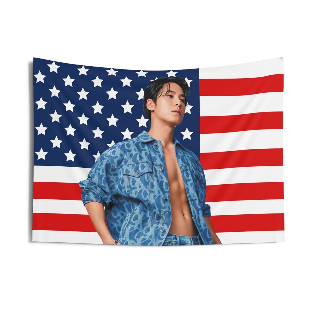 Mingyu in Blue Denim American Flag, Seventeen Concert Banner, Seventeen ...