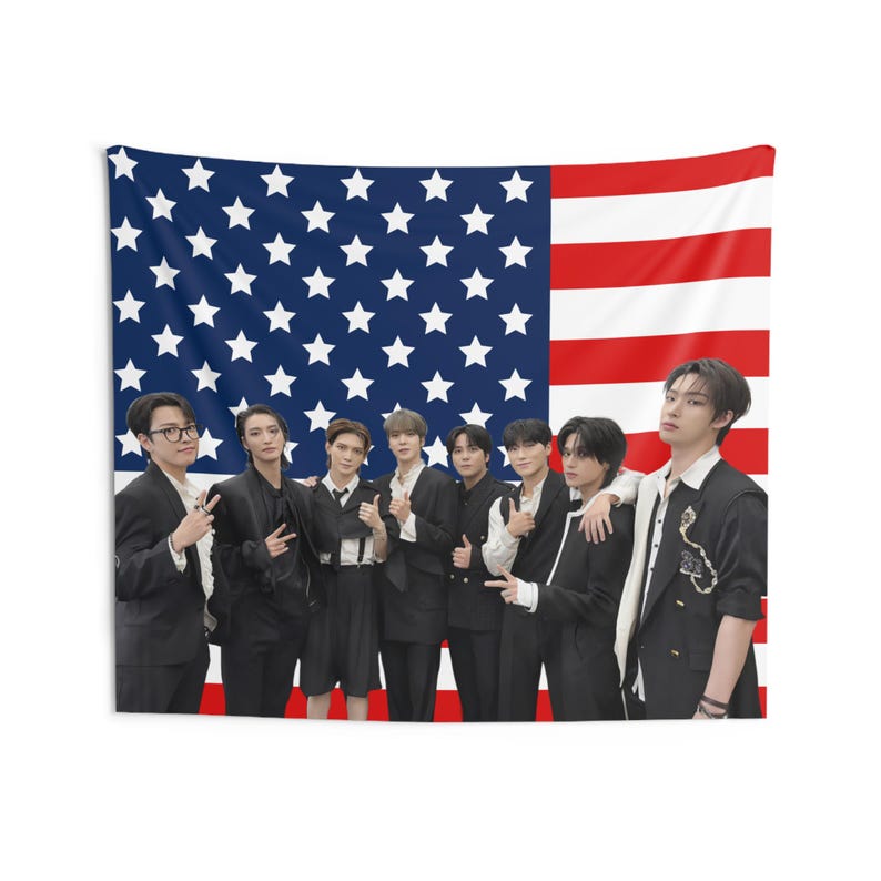 Ateez Members in Suits American Flag, Ateez Concert Banner, Ateez Kpop ...