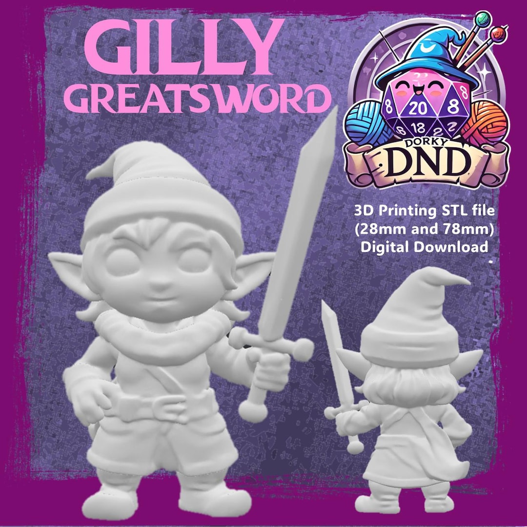 Gilly Greatsword: Chibi Gnome Swordswoman Miniature 3D Printing STL ...