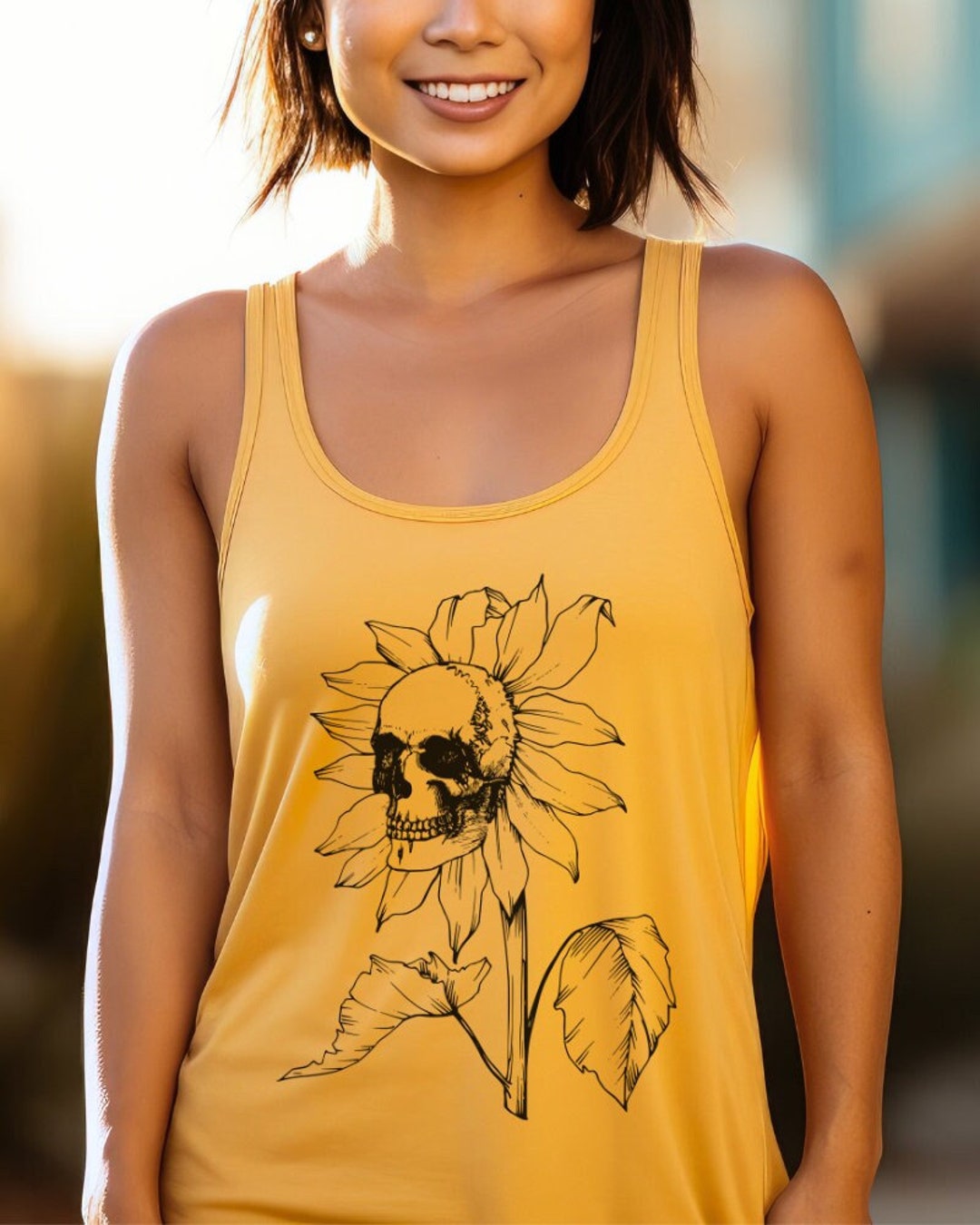 Yellow Sunflower Skull Tank Cute Fun Fall Flower Tanktop - Etsy
