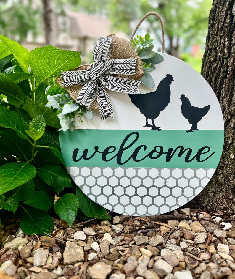 Chicken | Farmhouse | Welcome | Fsrm Decor | Door Hanger | Round | Wood ...