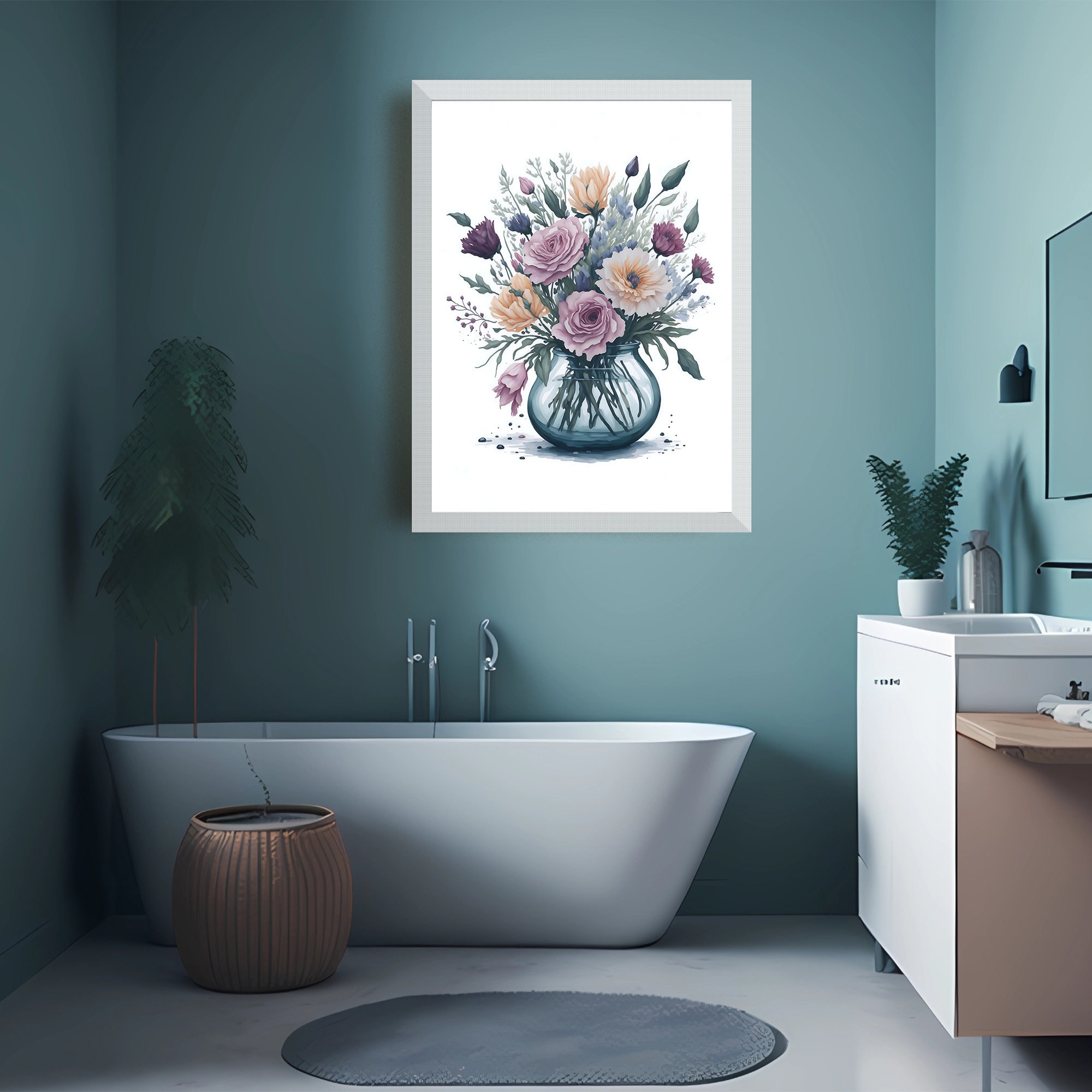 Blooming Bouquet Garden Wall Art, Fresh Blue Flowers Digital Print ...