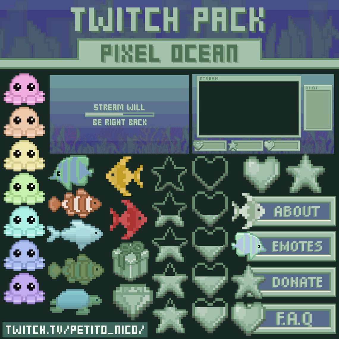 Pixel Ocean Twitch PACKAGE Animated Overlay Customisable Emotes Badges ...
