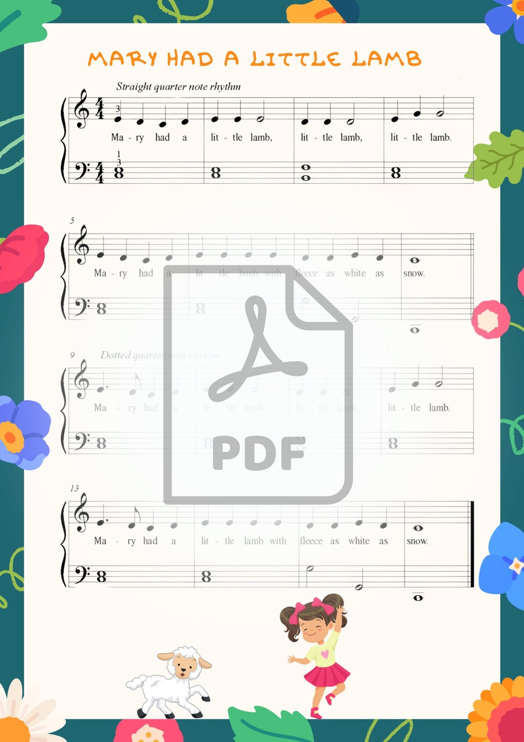 Piano Notes mary Had a Little Lamb Easy PDF Song - Etsy