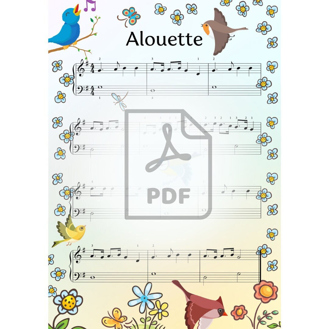 Piano Sheet Music "alouette" for Kids. Colorful and Easy Notes. PDF ...