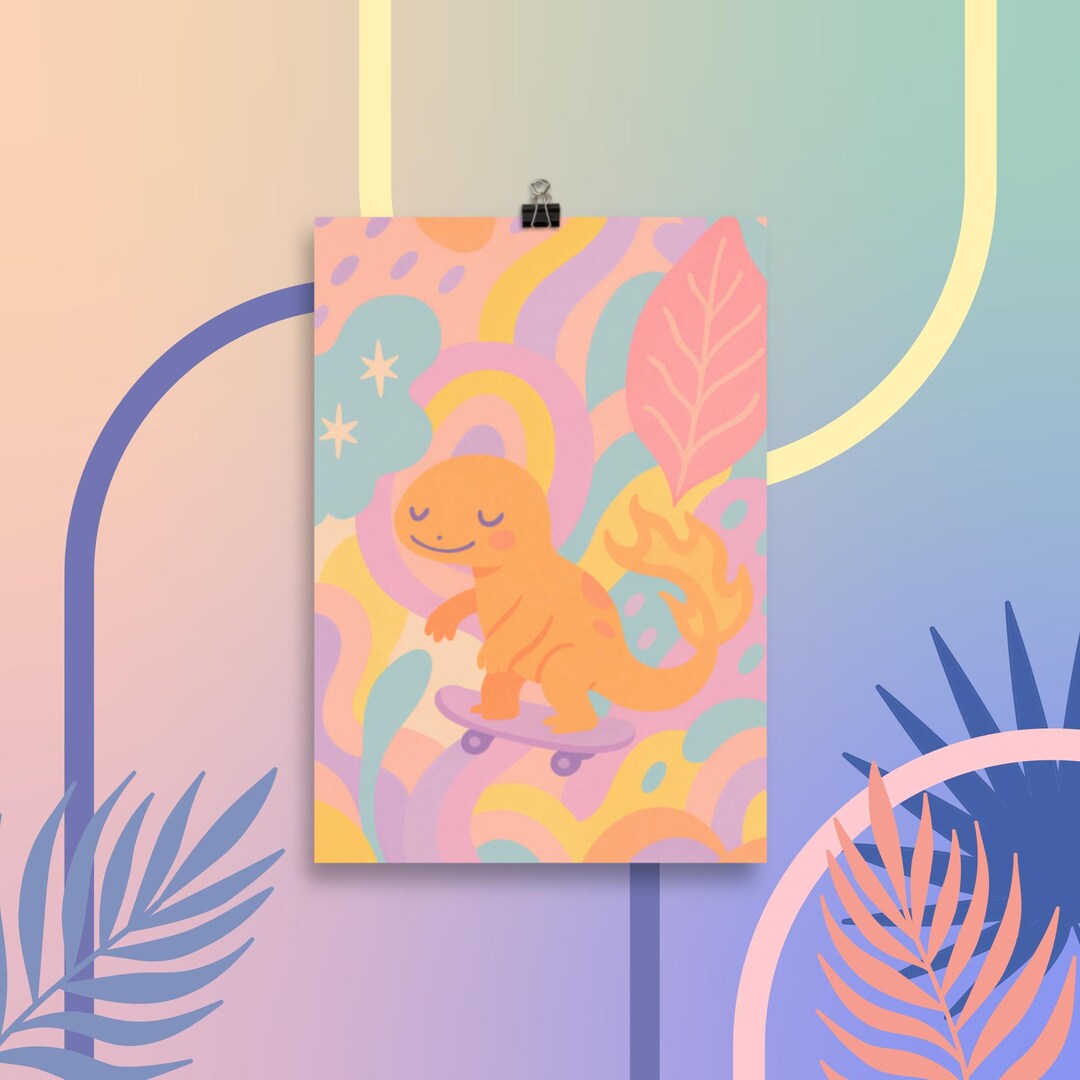 Pastel Charmander - Pastel Abstract Lizard Skating Art Print - Etsy