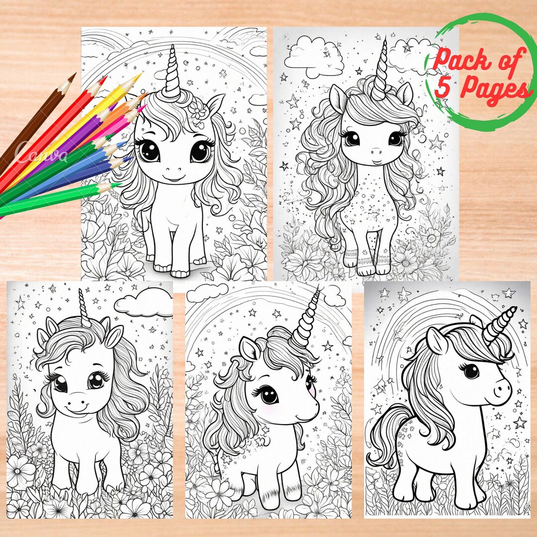 Unicorn Coloring Pages for Kids Adults Pack of 5 A4 Size Coloring Page ...