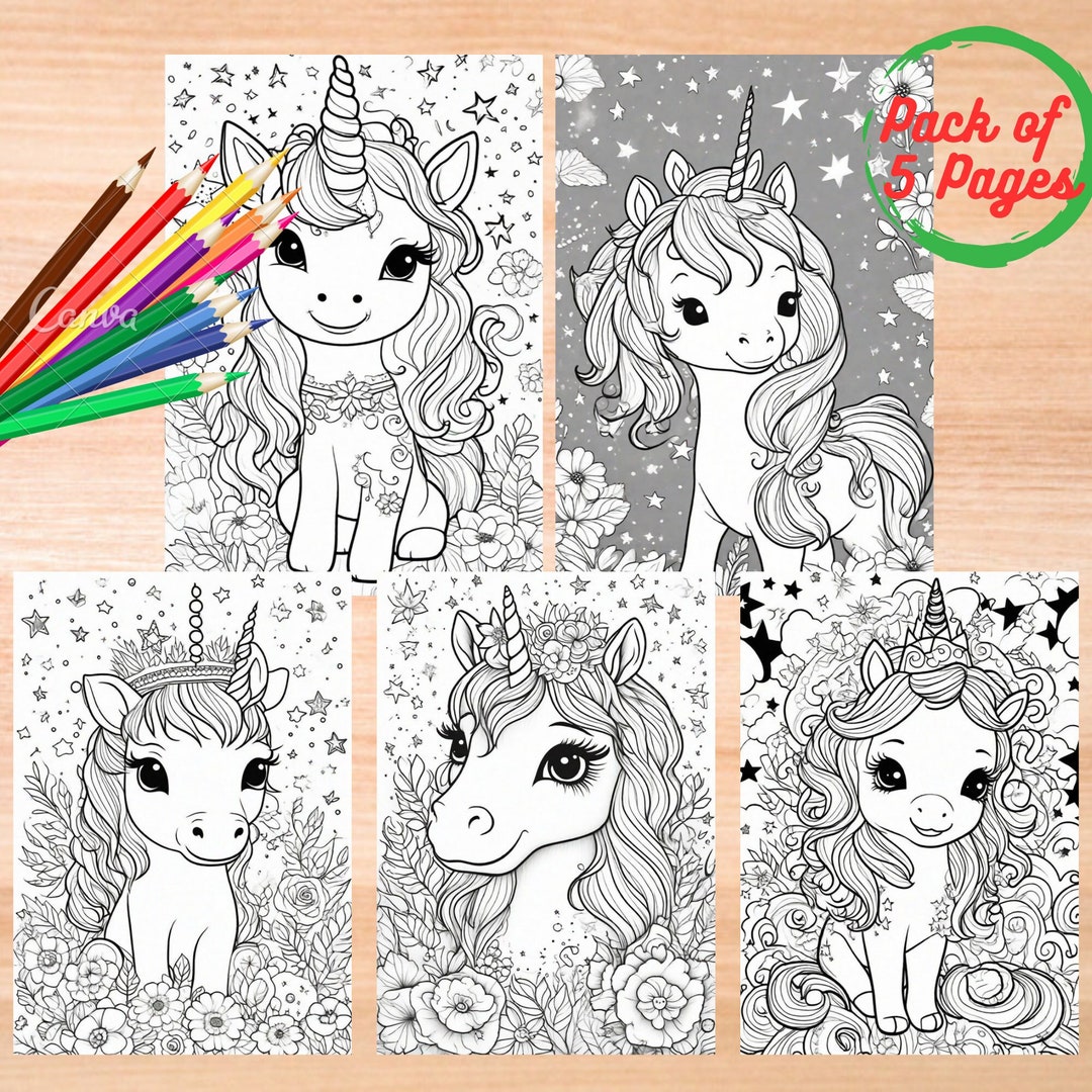 Unicorn Coloring Pages for Kids Adults Pack of 5 A4 Size Coloring Page ...
