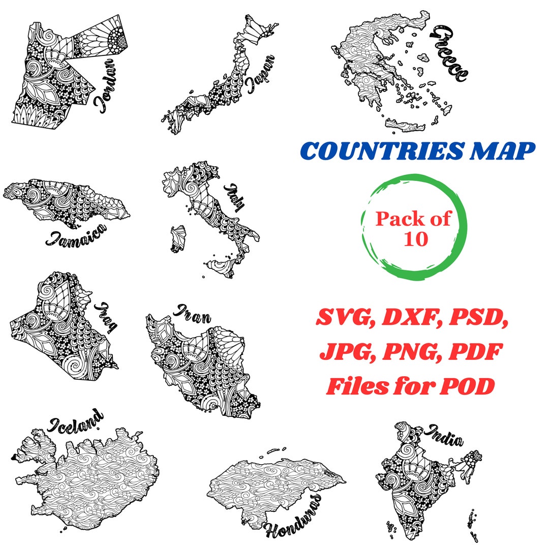 Countries Maps for Pod SVG, PSD, DXF, Png, Jpg, Pdf Digital Map Designs ...