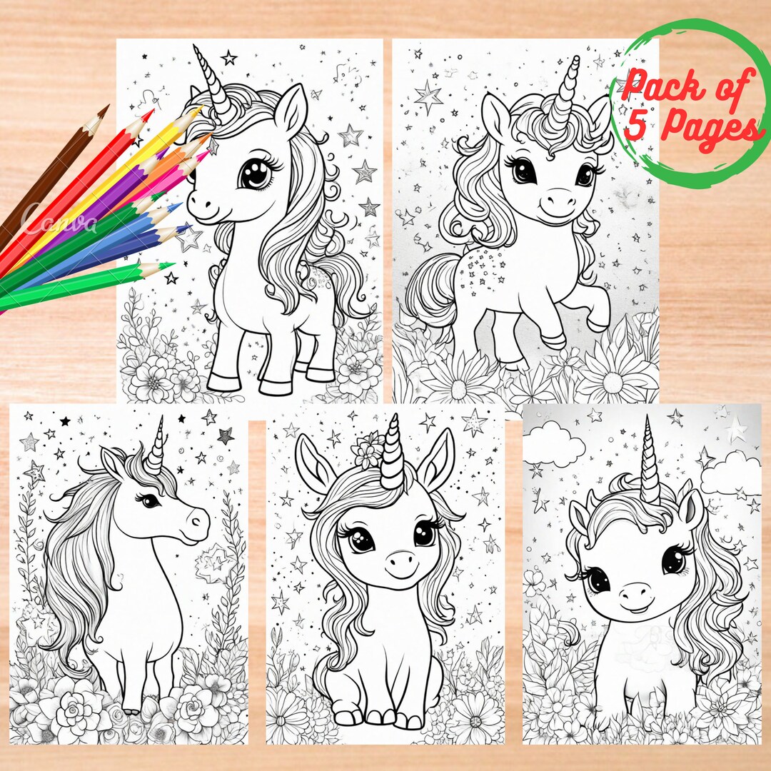 Unicorn Coloring Pages for Kids Adults Pack of 5 A4 Size - Etsy