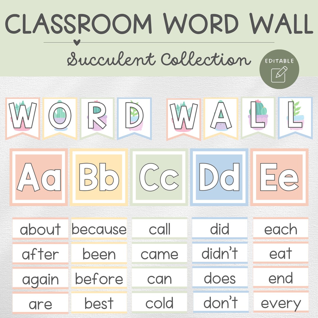 Classroom Word Wall, Sight Words Display, Editable, Succulent - Etsy