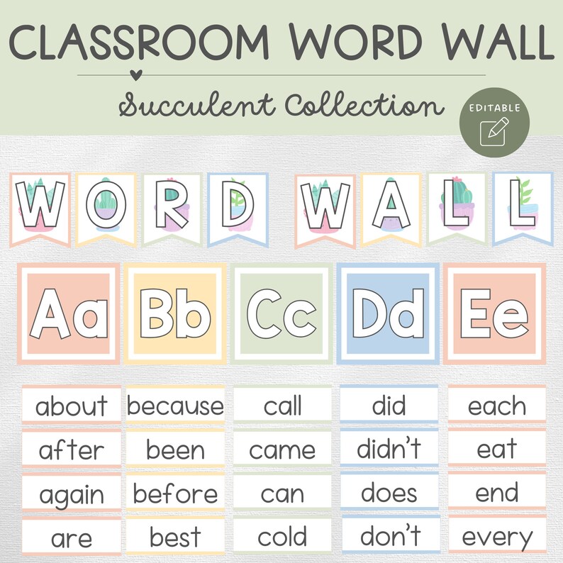Classroom Word Wall, Sight Words Display, Editable, Succulent - Etsy