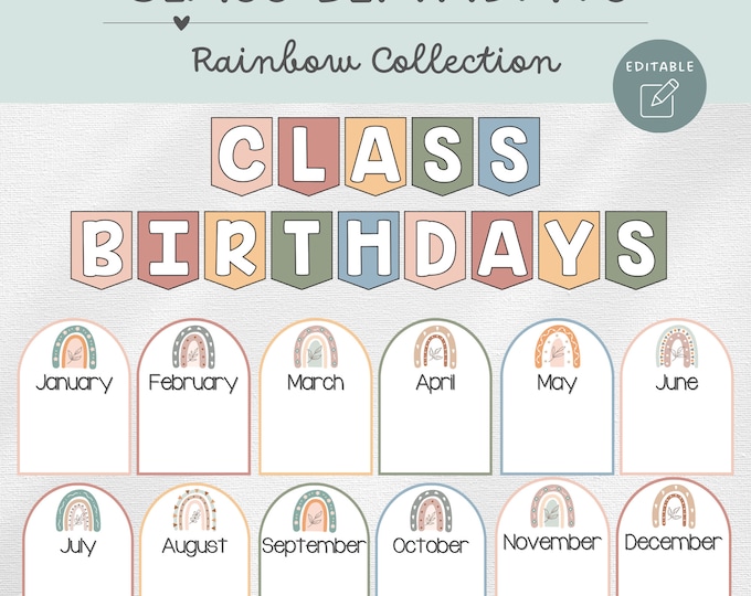 BOHO Rainbow Birthday Bulletin Board Birthday Display Editable - Etsy ...