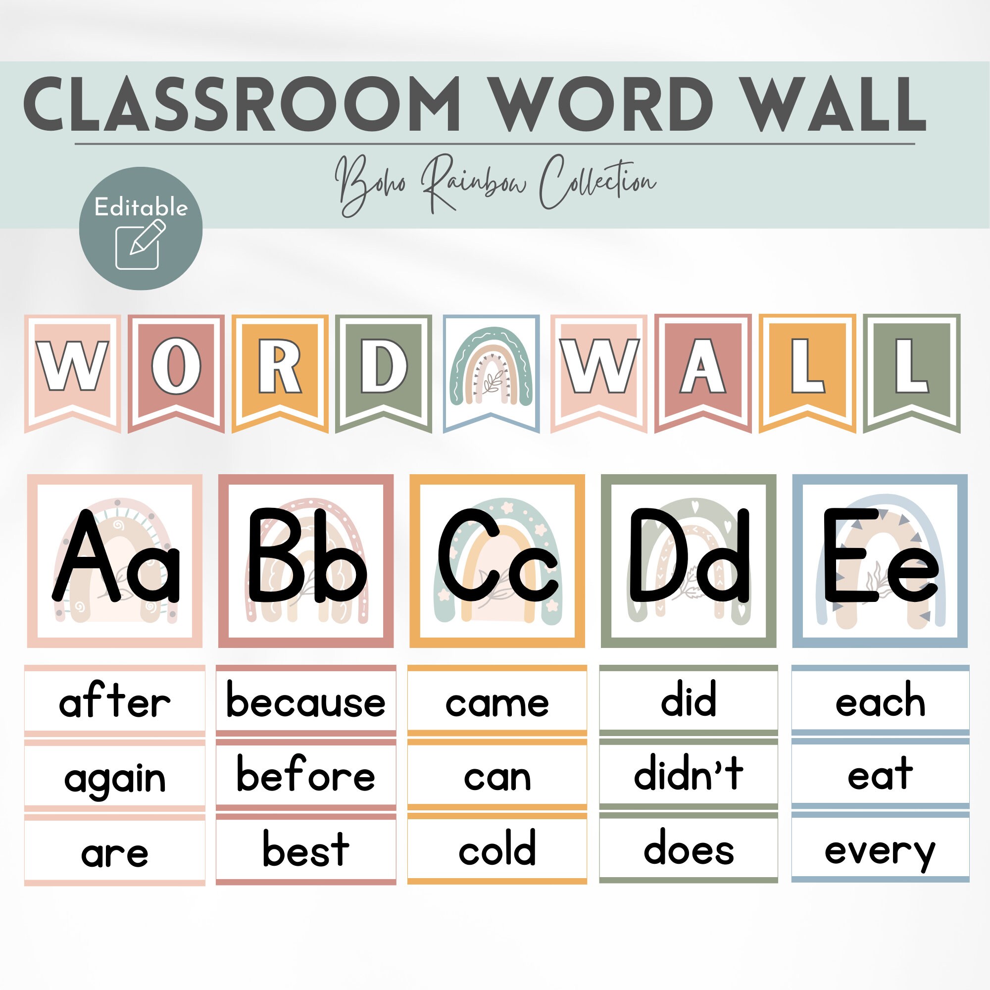 Classroom Word Wall Sight Words Display Editable Boho - Etsy