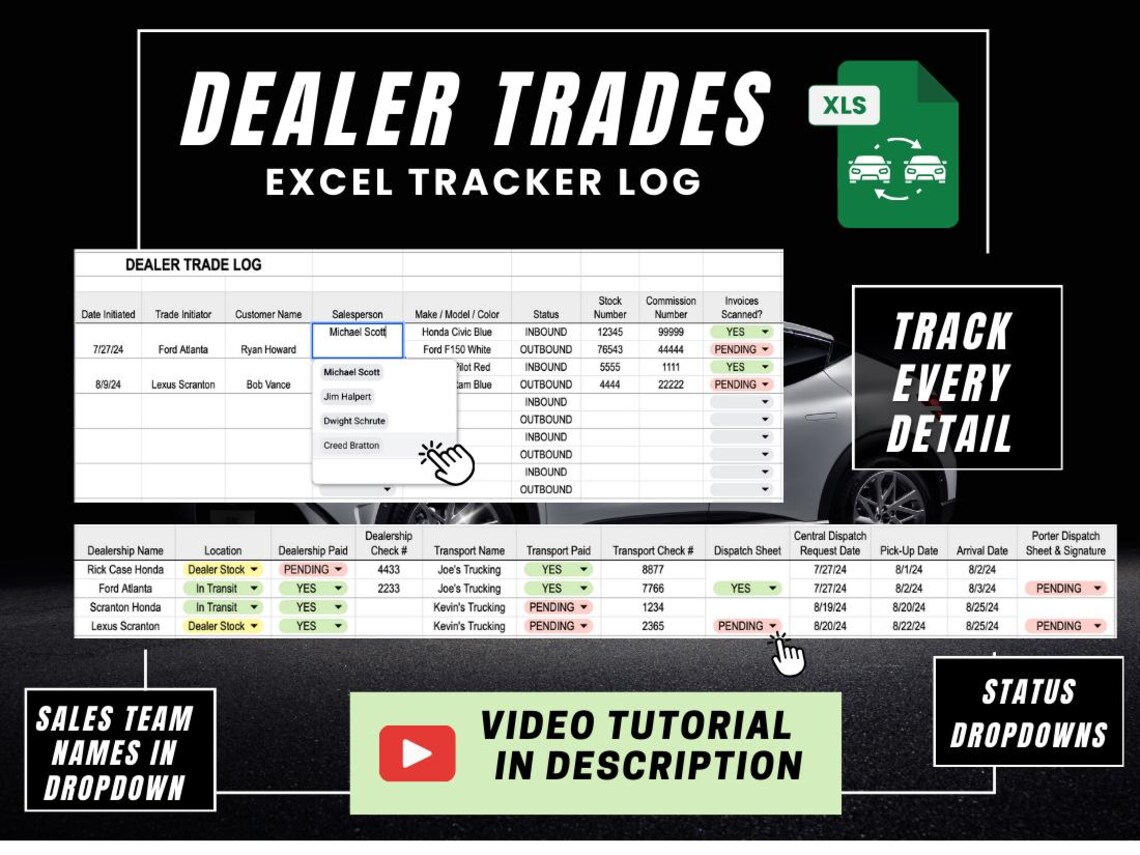 Automotive Car Dealership Dealer Trade Log Spreadsheet Tracker Template ...
