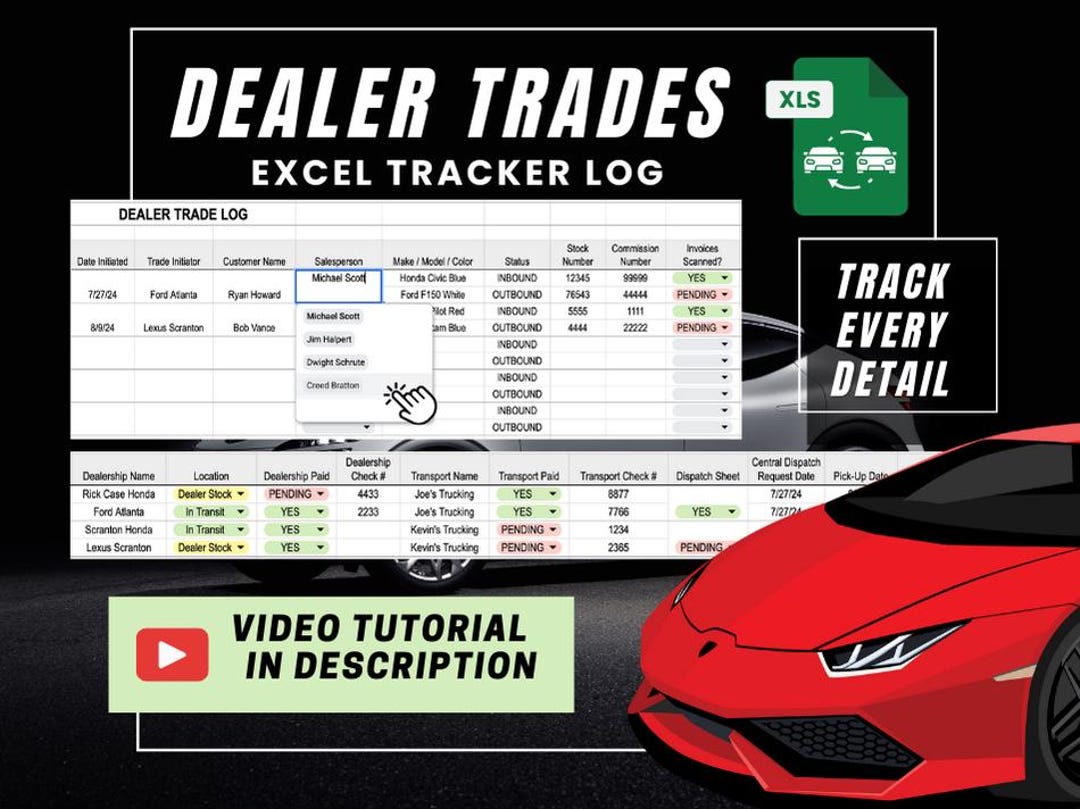 Automotive Car Dealership Dealer Trade Log Spreadsheet Tracker Template ...
