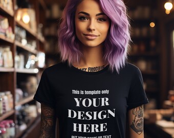 T-shirt Mockup With Tattooed Punk Female Model at Music Venue Bar ...
