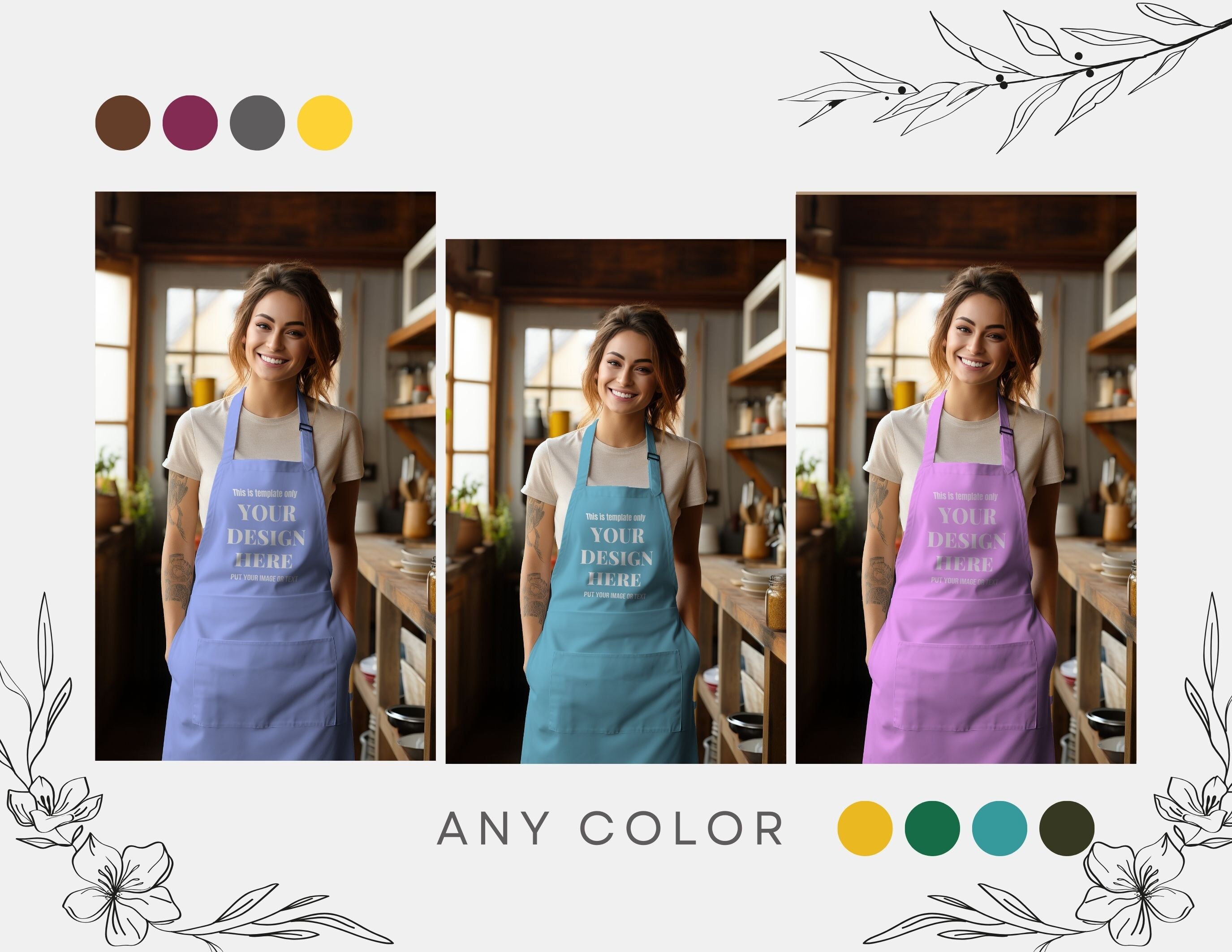 Cotton Apron Mockup in Any Color and Pattern for Canva and Photoshop, Woman Kitchen Apron Mockup ...