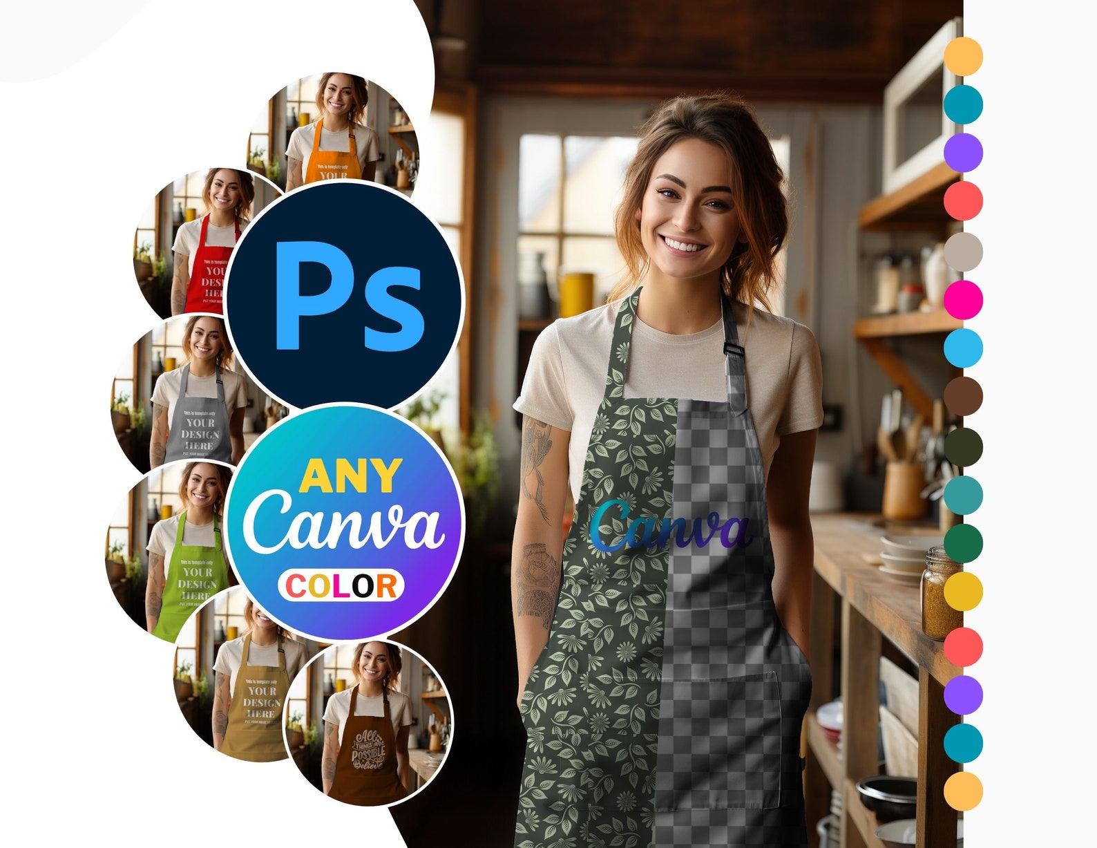 Cotton Apron Mockup in Any Color and Pattern for Canva and Photoshop, Woman Kitchen Apron Mockup ...