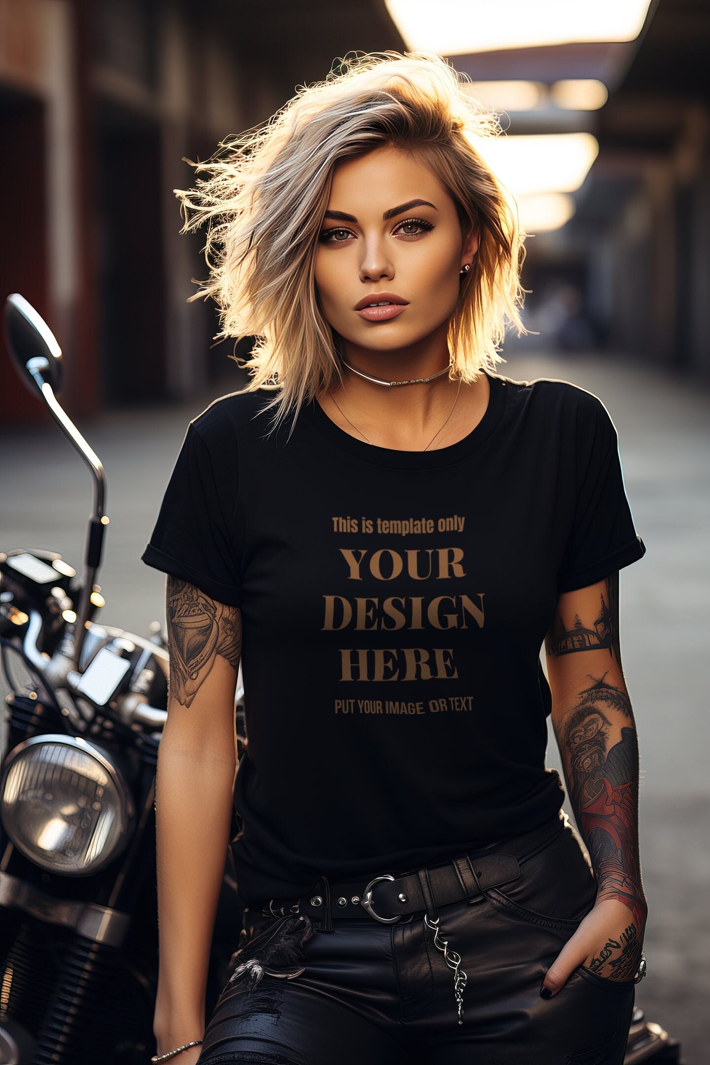 Tattoed Blond Biker Wooman Black T-shirt Mock up Staying Next to ...